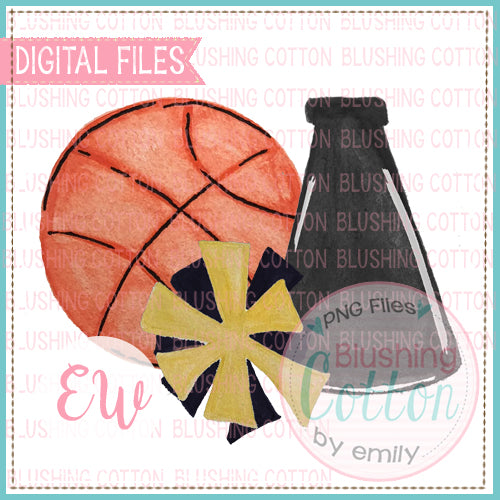 BASKETBALL MEGAPHONE POMPOM BLACK AND GOLD WATERCOLOR DESIGN IN DIGITA ...